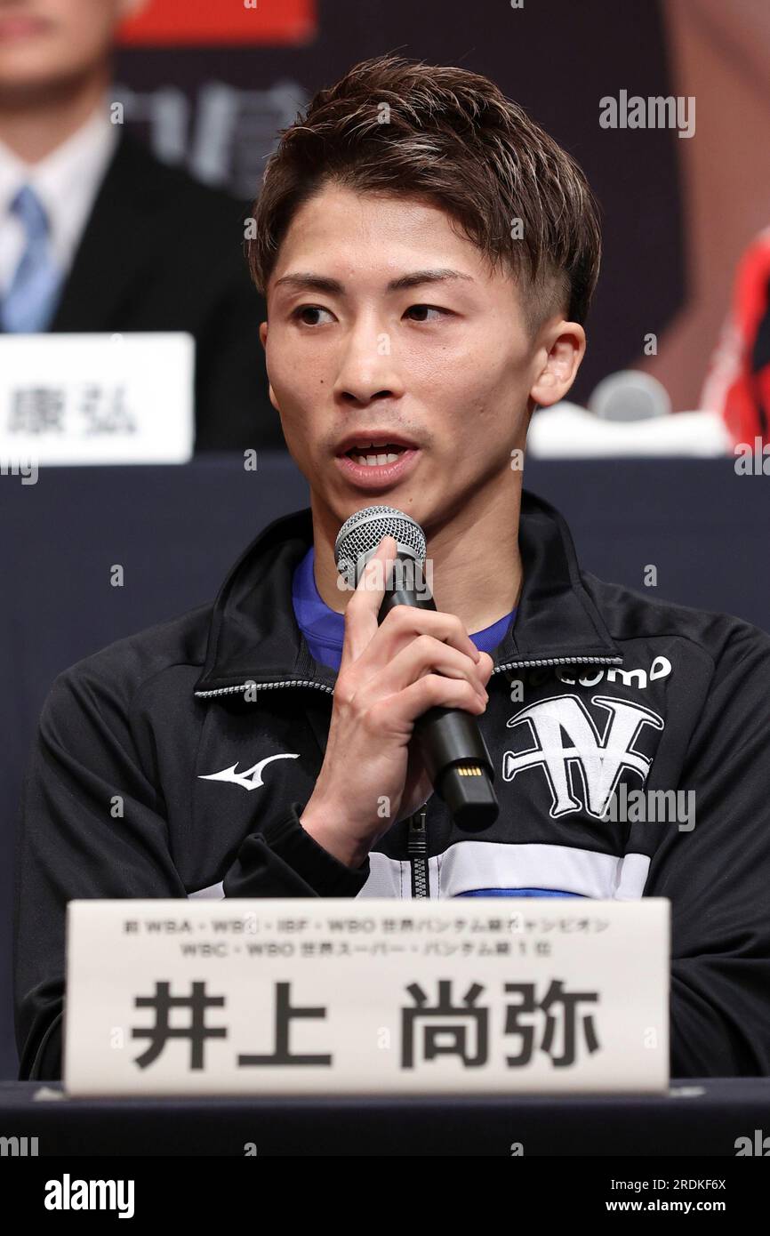 Japanese professional boxer Naoya Inoue attends a press conference in ...
