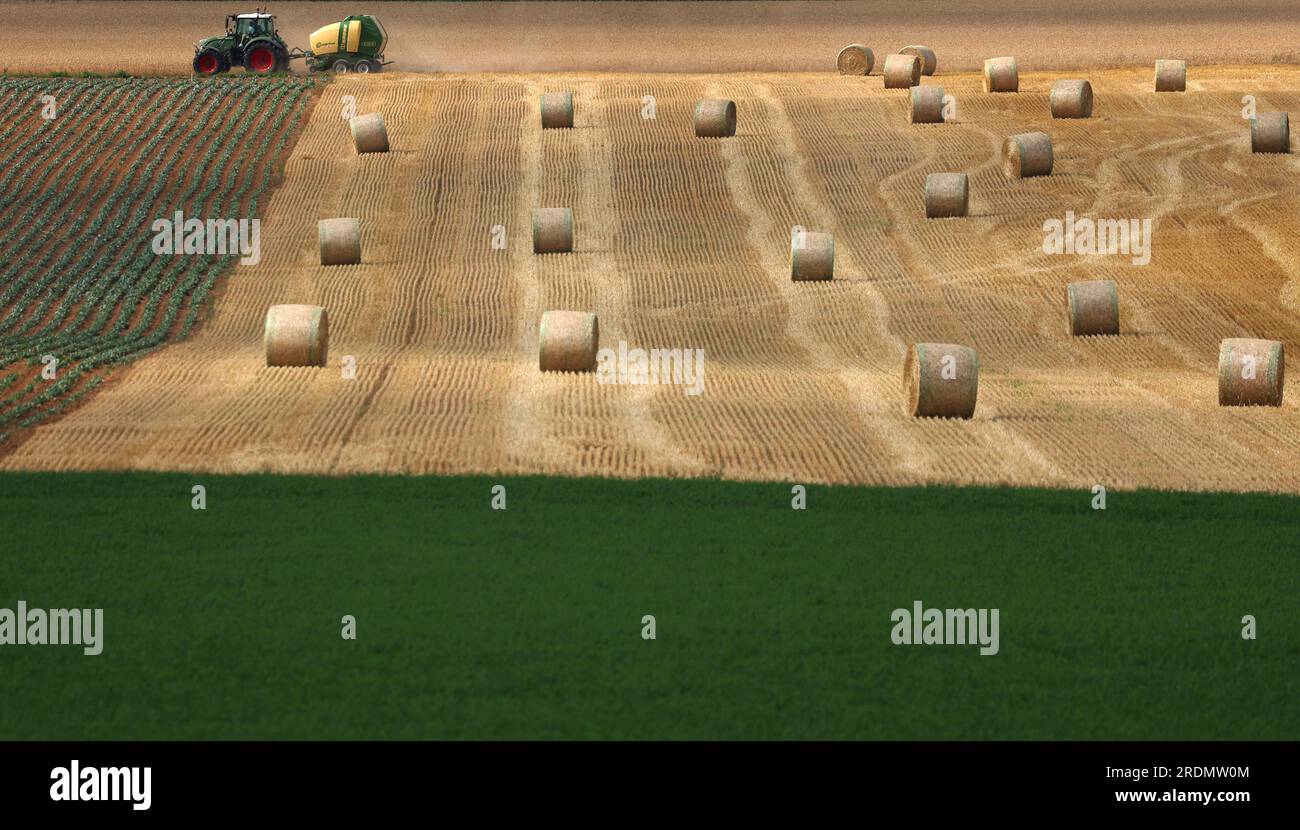 22. Juli 2023, Bayern, Kürnach: Ein Traktor mit Rundballenpresse fährt ...