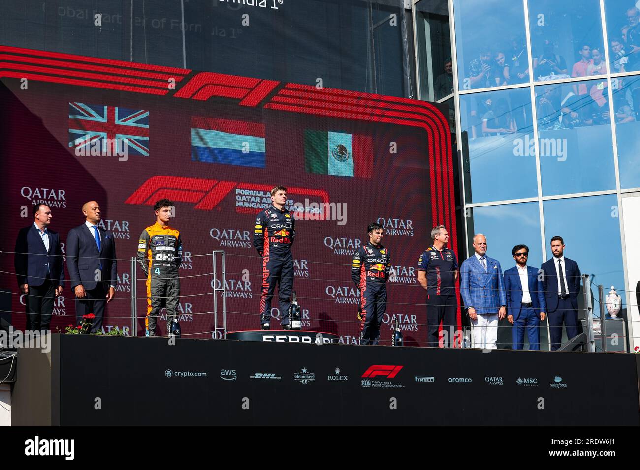 Mogyorod, Ungarn. 23. Juli 2023. Podium: VERSTAPPEN Max (Ned), Red Bull ...