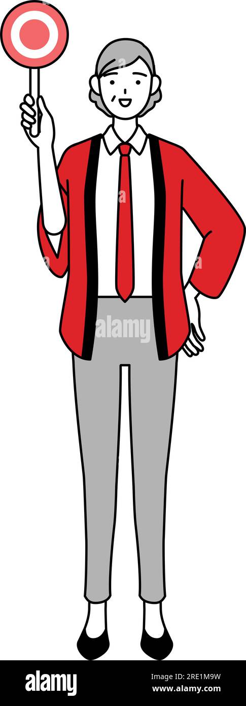 Eine ältere Frau in einem roten Happy-Mantel mit einem Maru-Plakat, auf ...