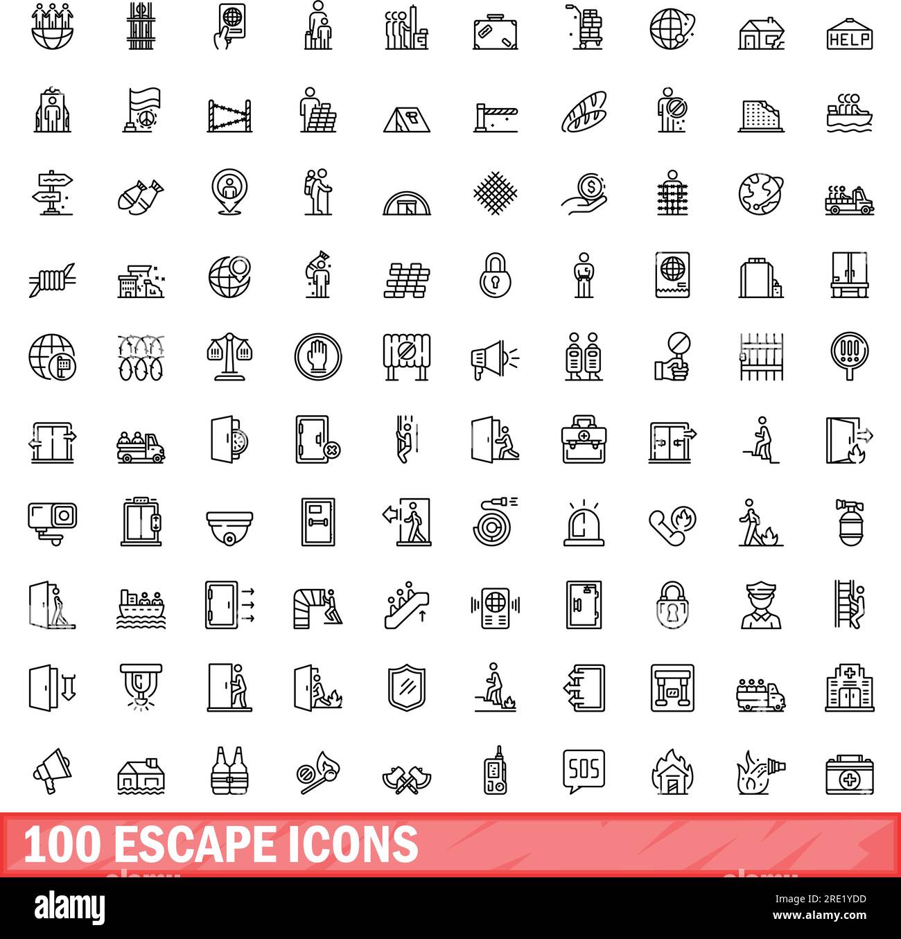 100 Escape-Symbole eingestellt. Umrissdarstellung von 100 Escape ...
