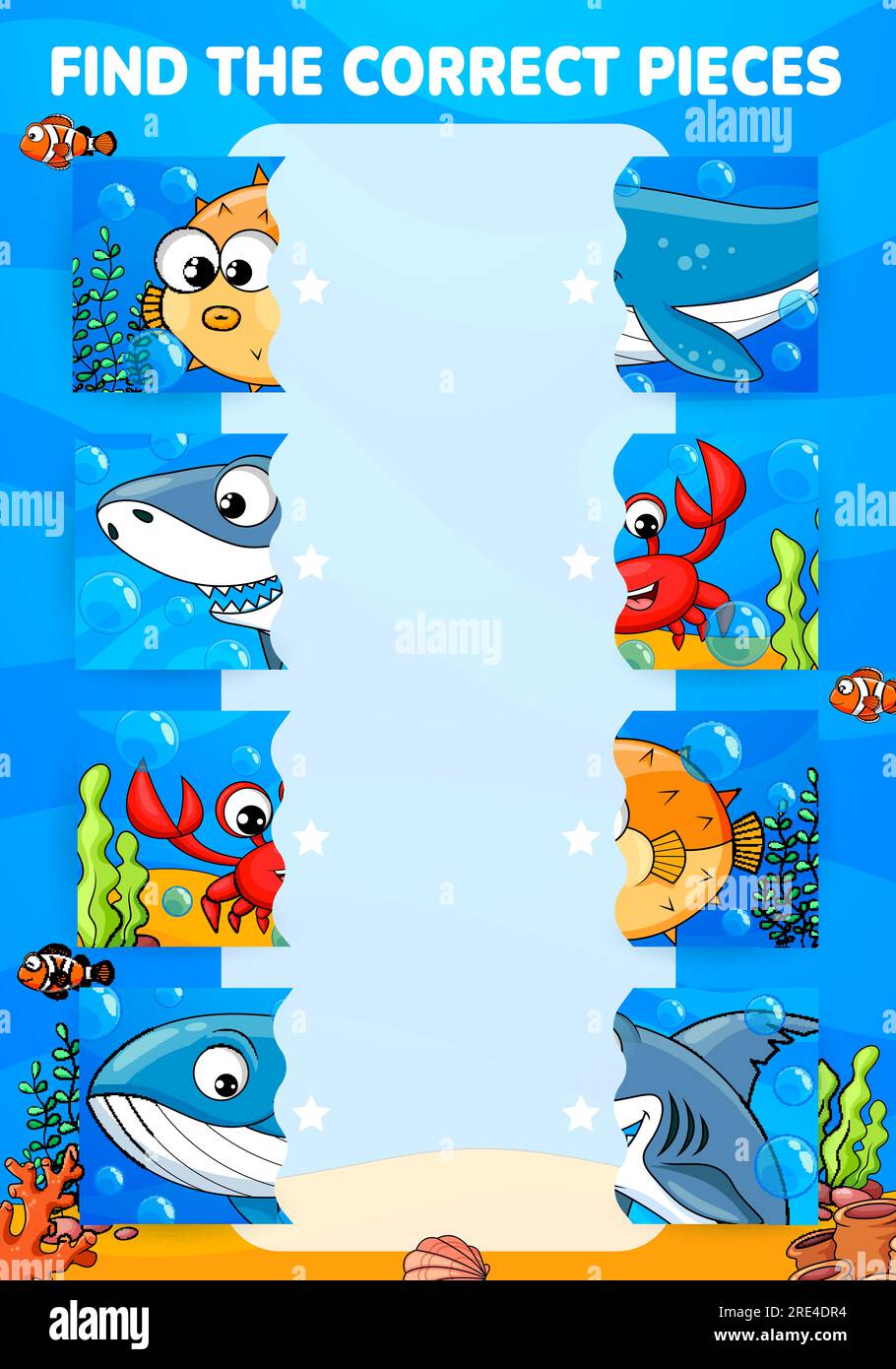 Cartoon lustige Unterwassertiere und Fische, finde ein korrektes ...