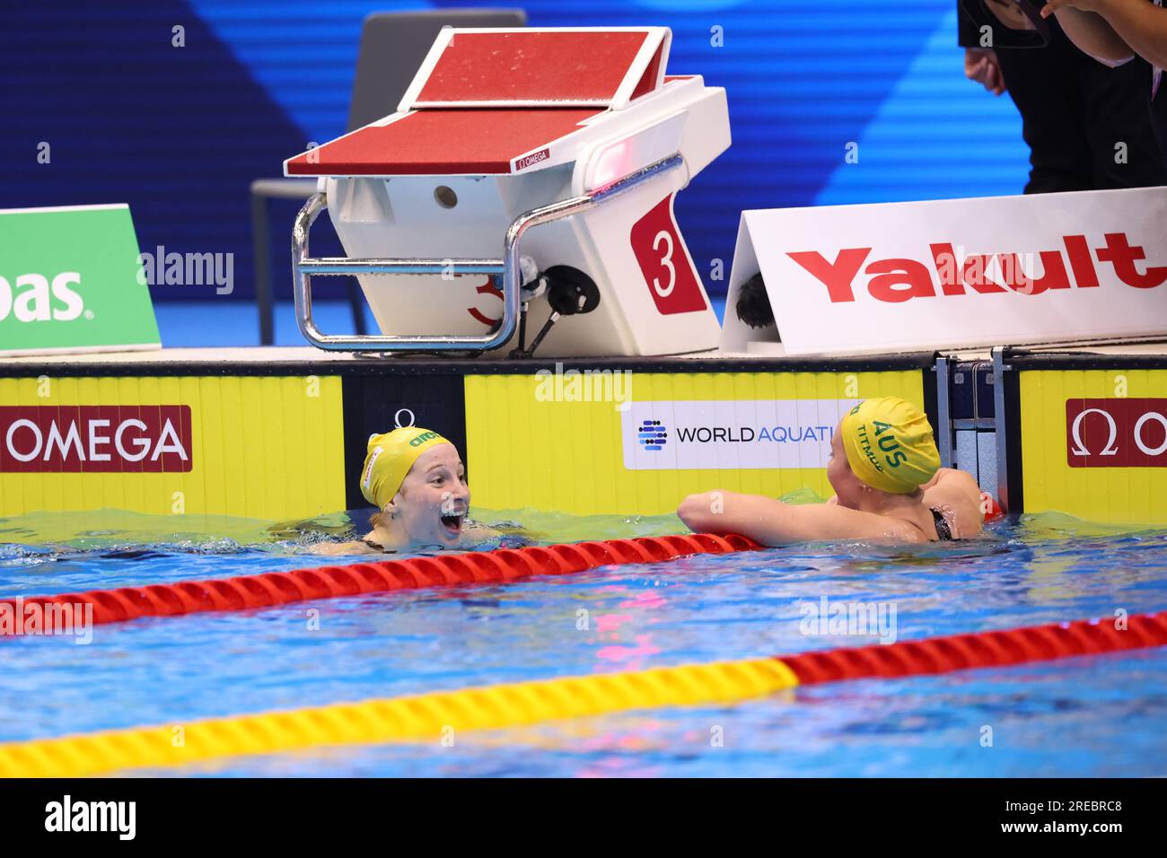 Mollie O'CALLAGHAN (AUS) und Ariarne TITMUS (AUS) feiern ihren 1-2-Platz im Finale des Women ...