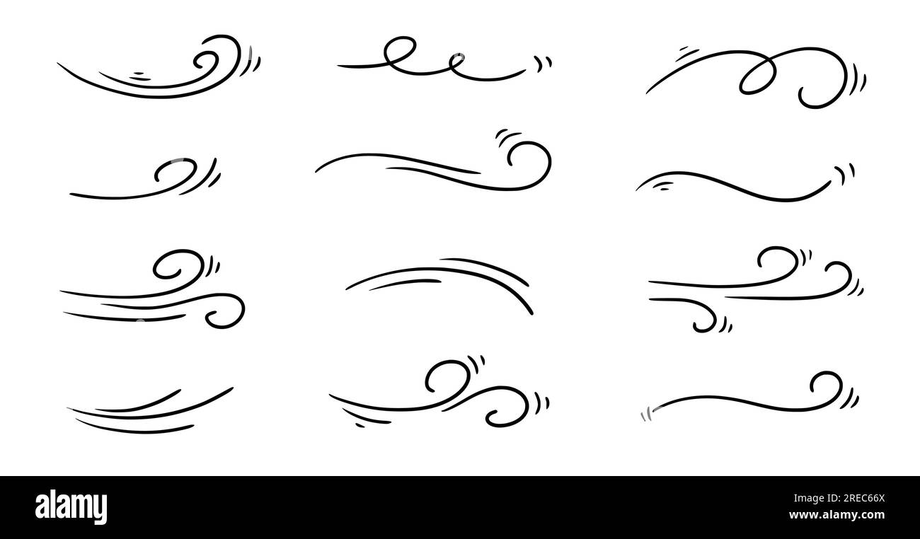 Doodle Windlinie Skizzensatz. Handgezeichnete Windgeräusche, Luftschlag ...