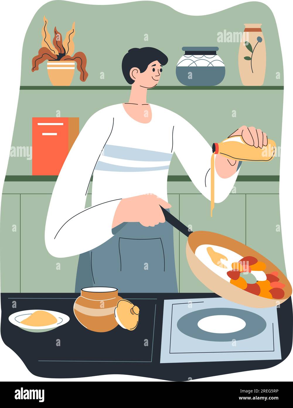 Männlicher Charakter bereitet Frühstück oder Mittag-, Abendessen oder ... Männlicher Charakter bereitet Frühstück oder Mittag-, Abendessen oder ...