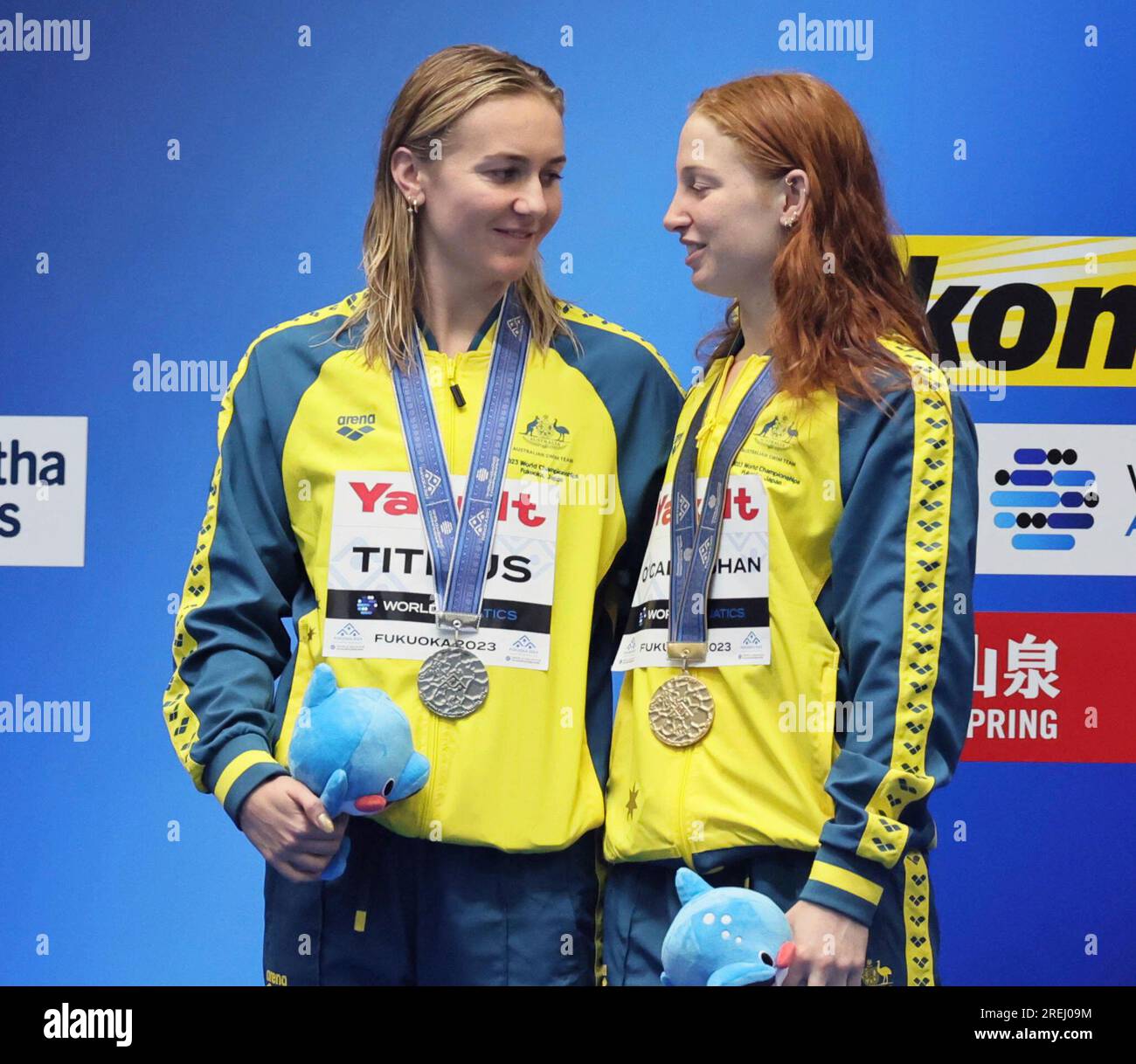 Australian Ariarne TITMUS (L), silver, Mollie O'CALLAGHAN, winner, pose during the women's 200m ...