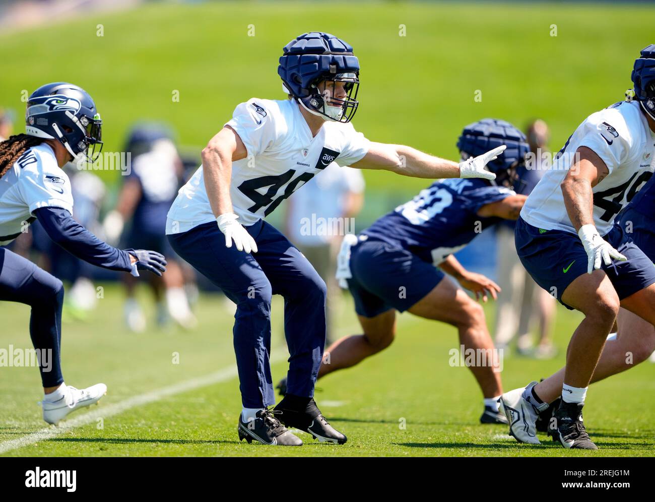 Seattle Seahawks linebacker Ben Burr-Kirven (48) runs a drill during ...