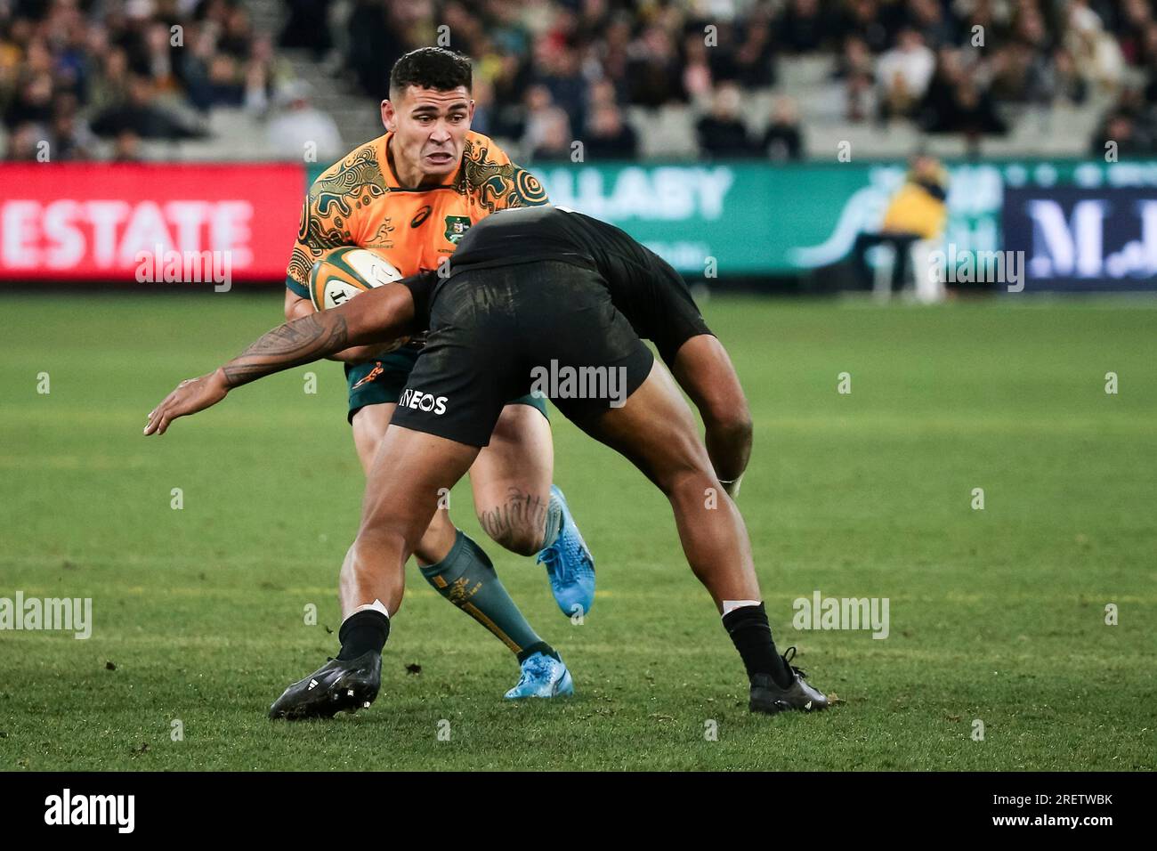 MELBOURNE, AUSTRALIA - JULY 29: Allan Alaalatoa of the Wallabies gets ...
