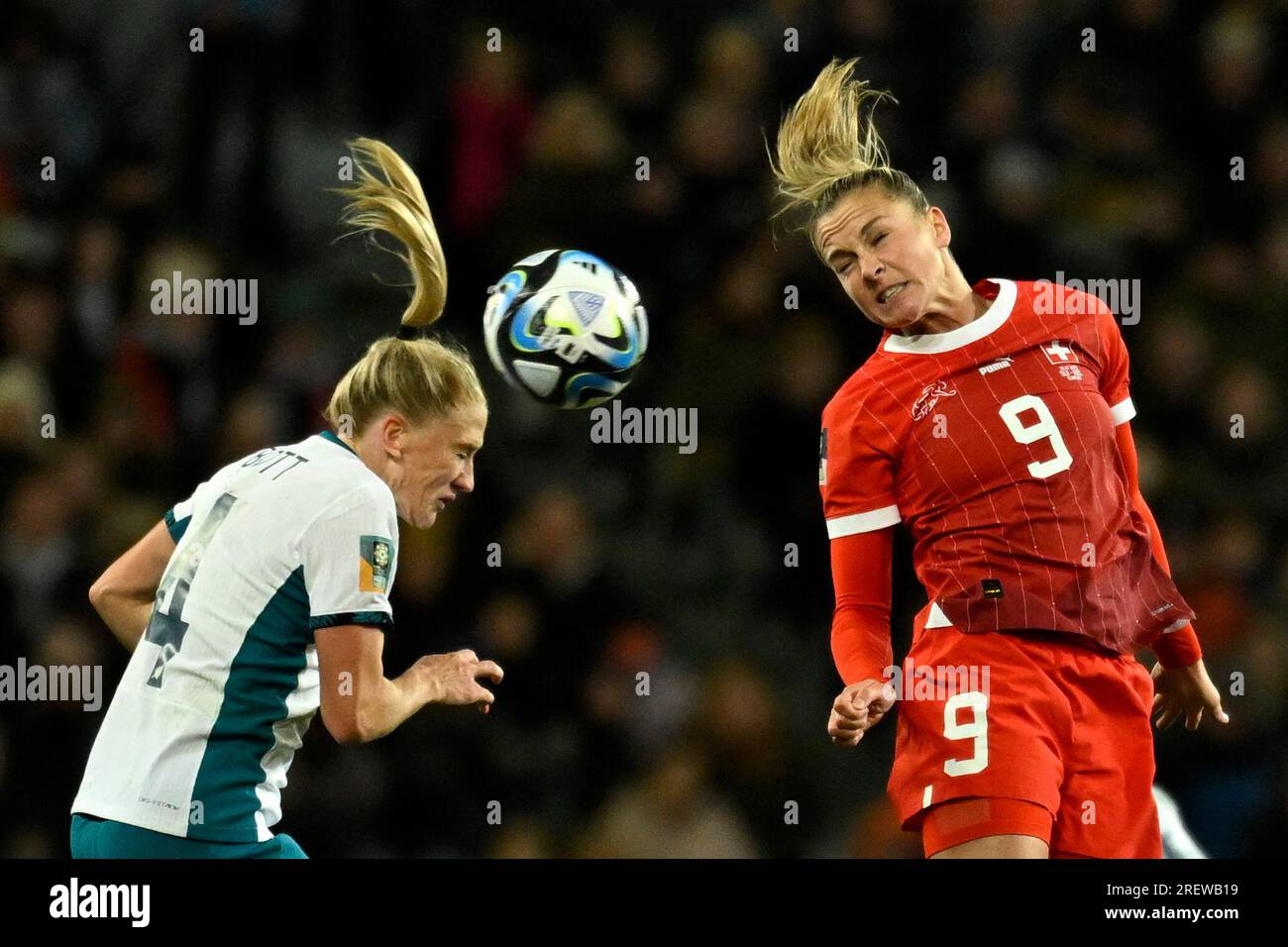 Switzerland's Ana Maria Crnogorcevic, right, challenges New Zealand's C ...