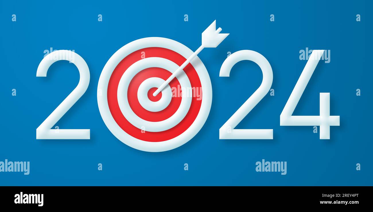 Ziel und Ziel für das Jahr 2024, das Konzept von Strategie und Erfolg. Der Pfeil trifft das ...