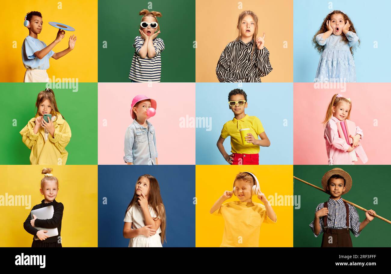 Collage aus Porträts von Kindern, Jungen und Mädchen, die Emotionen und ...