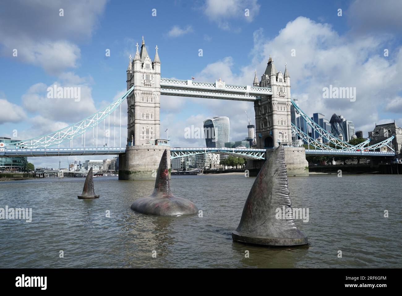 Schwimmende Modelle von Megalodon-Haifischflossen von der Tower Bridge ...