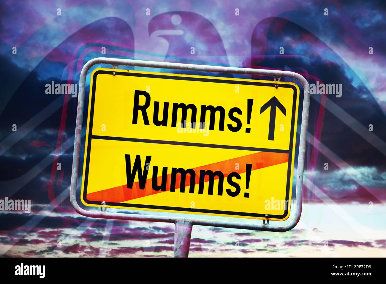 FOTOMONTAGE, Ortsschild mit durchgestrichener Aufschrift Wumms! Und ...