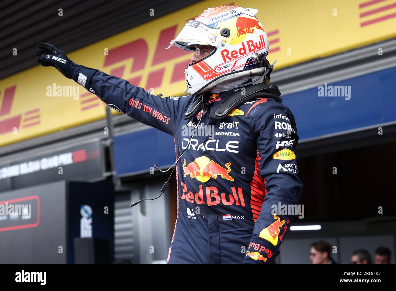 Max Verstappen von Red Bull Racing feiert am Ende des F1 Grand Prix von ...