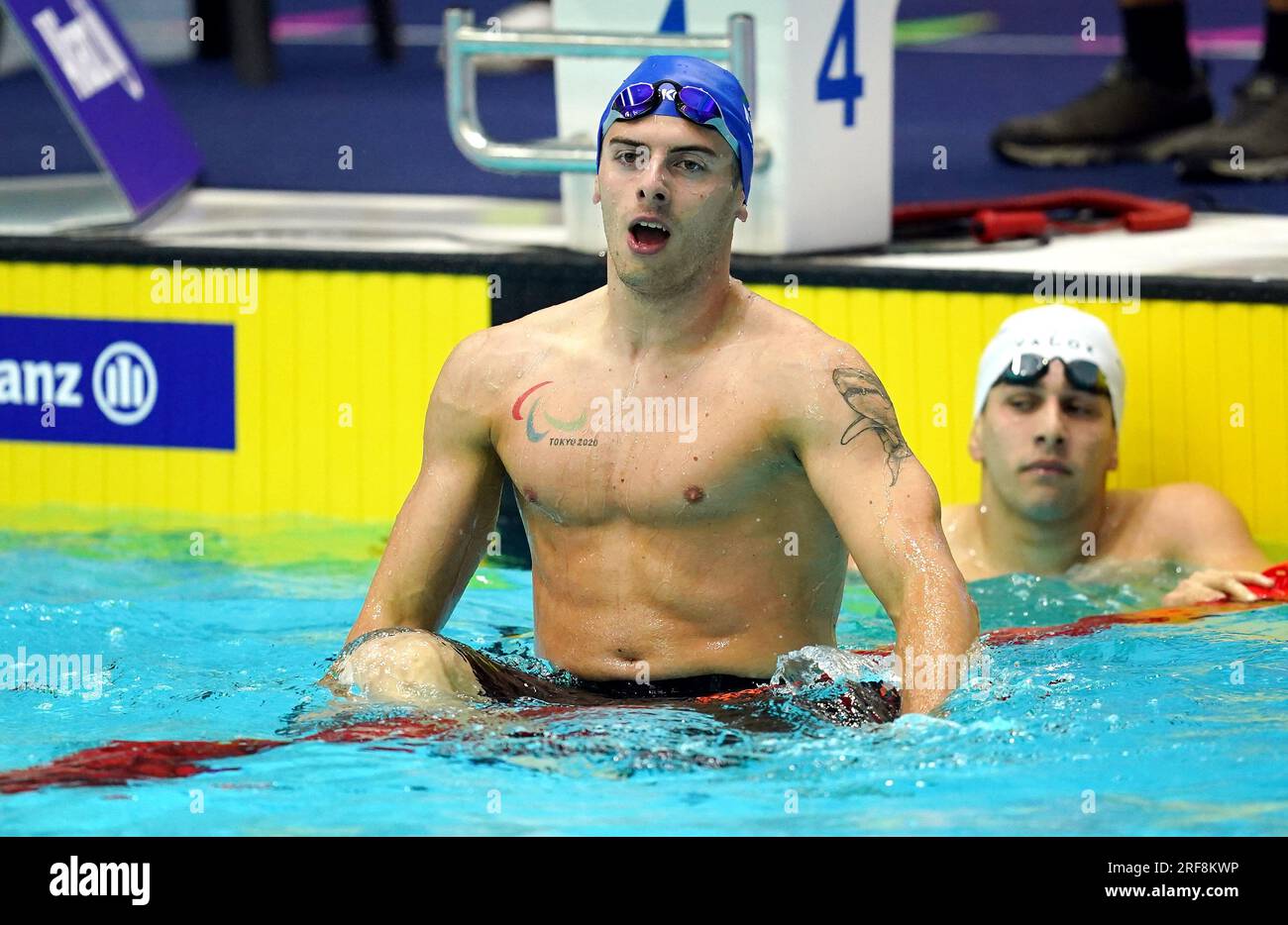 Italiens Federico Bicelli feiert den Sieg des Finales der Herren 400m Freestyle S7 am zweiten ...