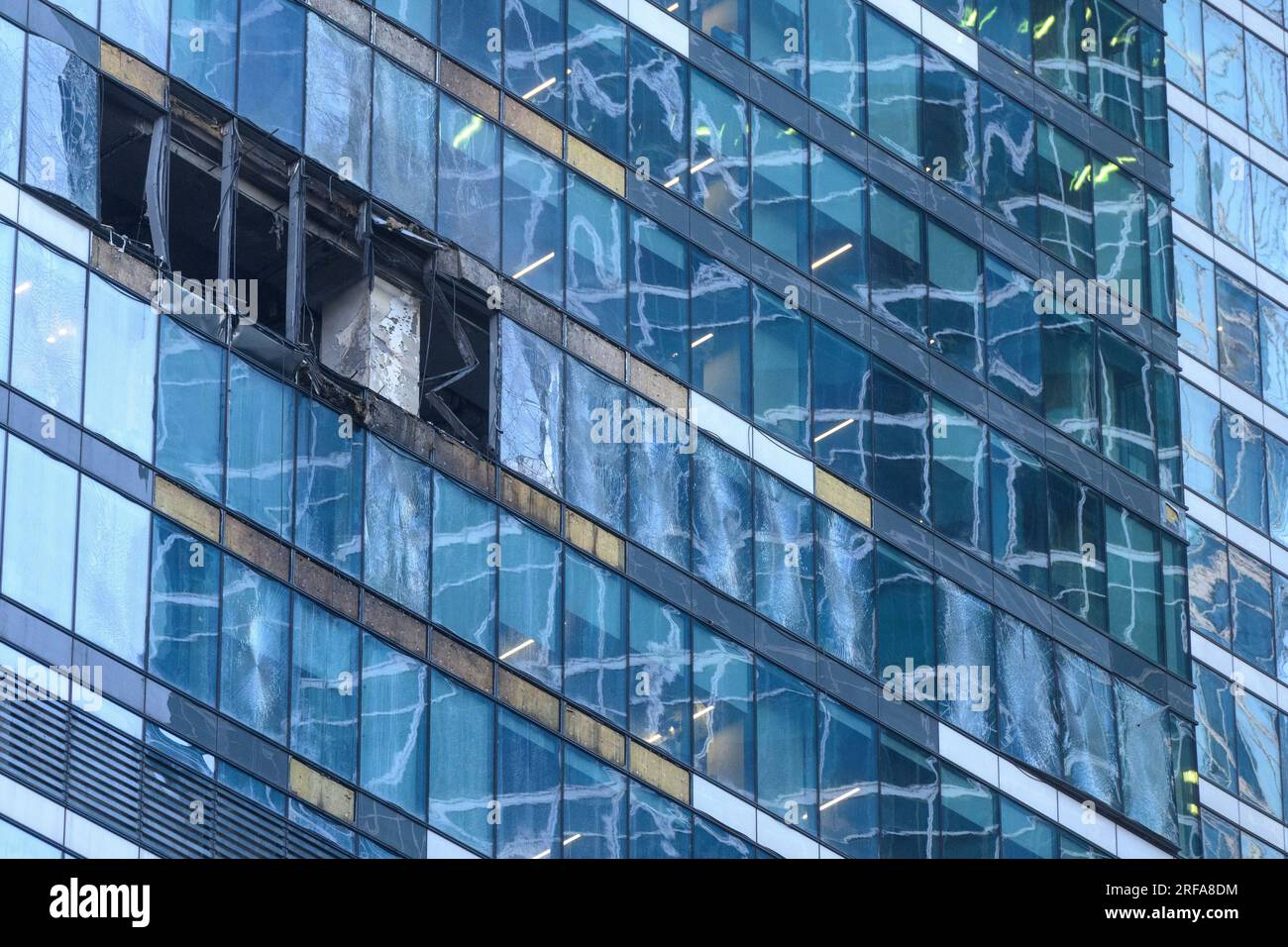 A view of the damaged building is seen in the "Moscow City" business ...