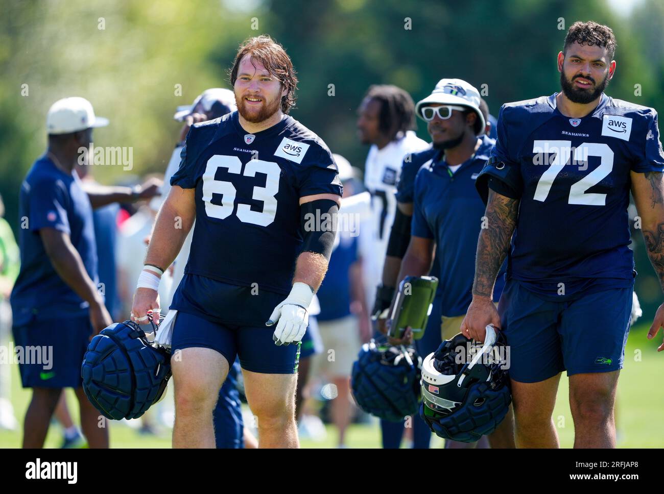 Seattle Seahawks center Evan Brown (63) walks off the field with ...