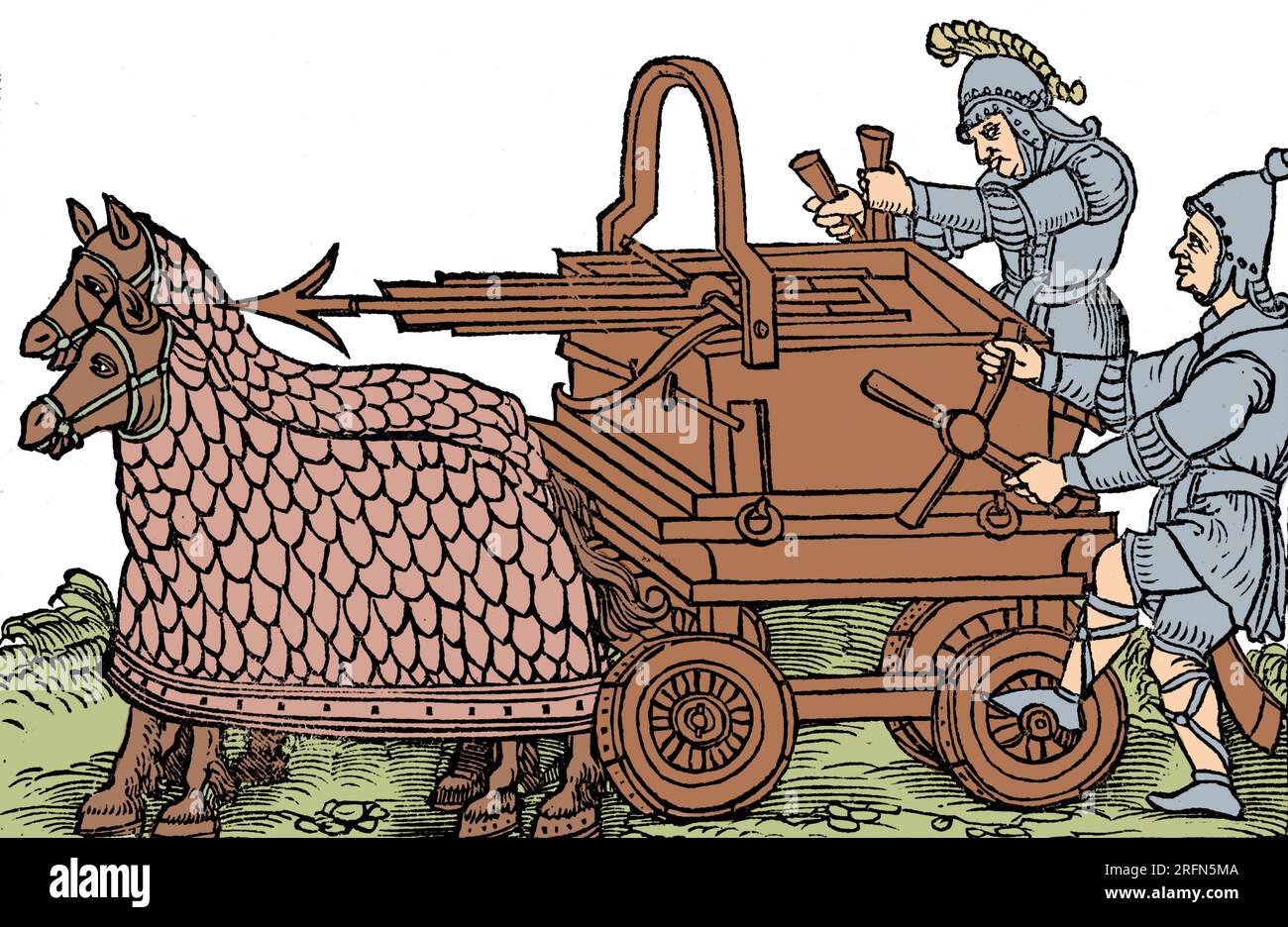 Eine vierrädrige Ballista (Carroballista), gezeichnet von gepanzerten ...