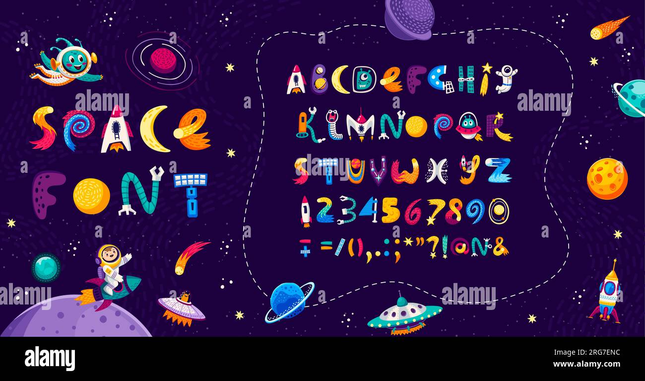 Zeichentrickraum-Schriftart im englischen Alphabet, Universaltyp und Galaxie-Schriftart, Vektor ...