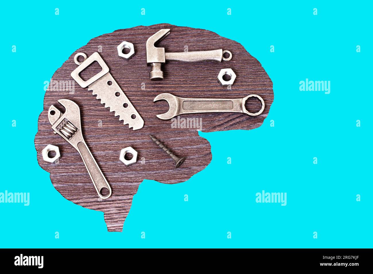 Hirnförmige Figur gefüllt mit Miniaturnachbildungen von Handwerkzeugen ...