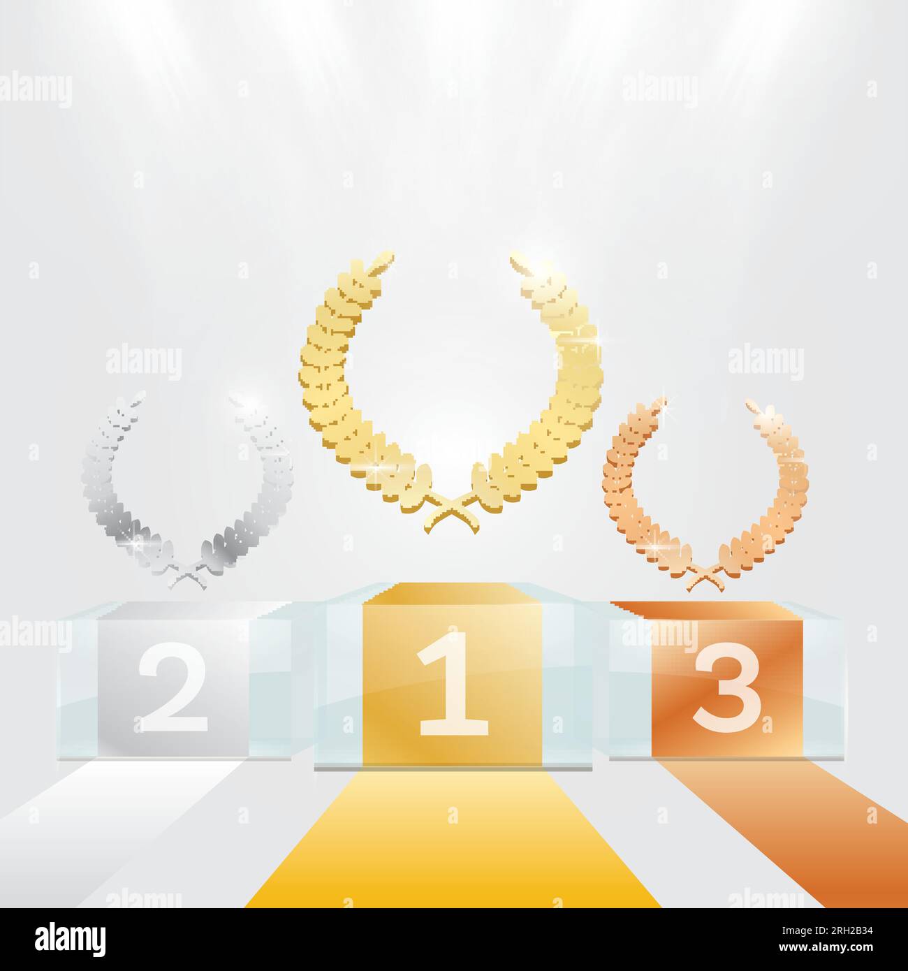 Glas-Sieger-Treppchen mit Strahler und Lorbeerkranz. Vektor ...