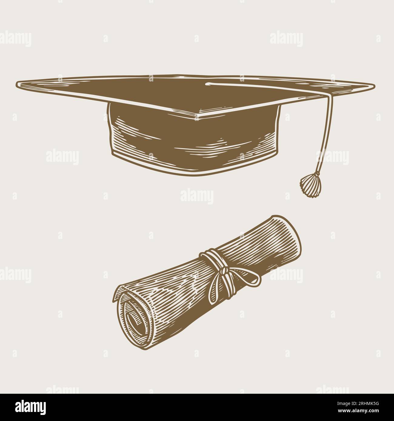 Graduierungskappe und gerollte Diploma Vintage Zeichnung, Ausbildung ...
