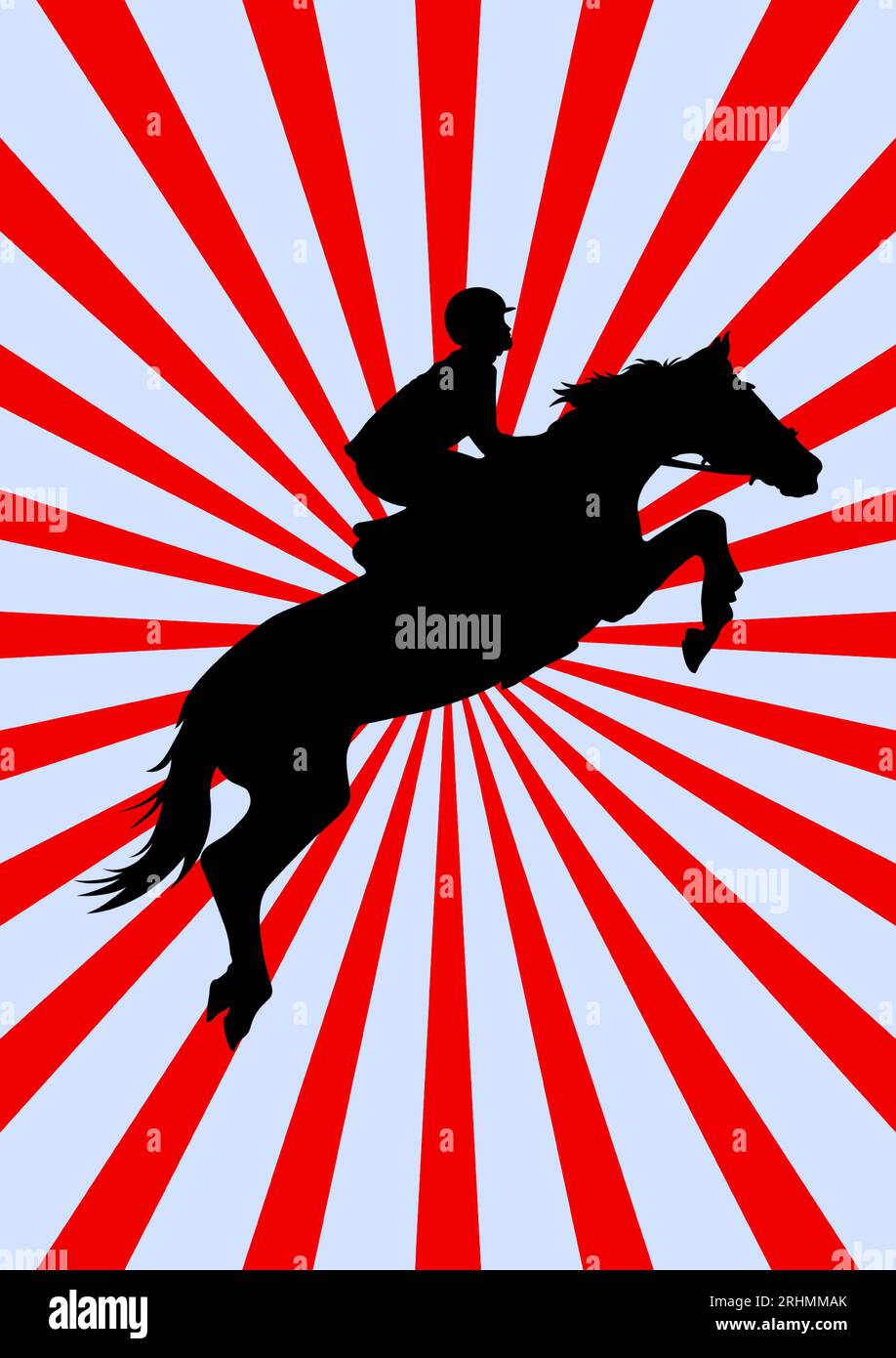Grafik-Design Silhouette Pferd springen mit rotem Sunburst Hintergrund ...