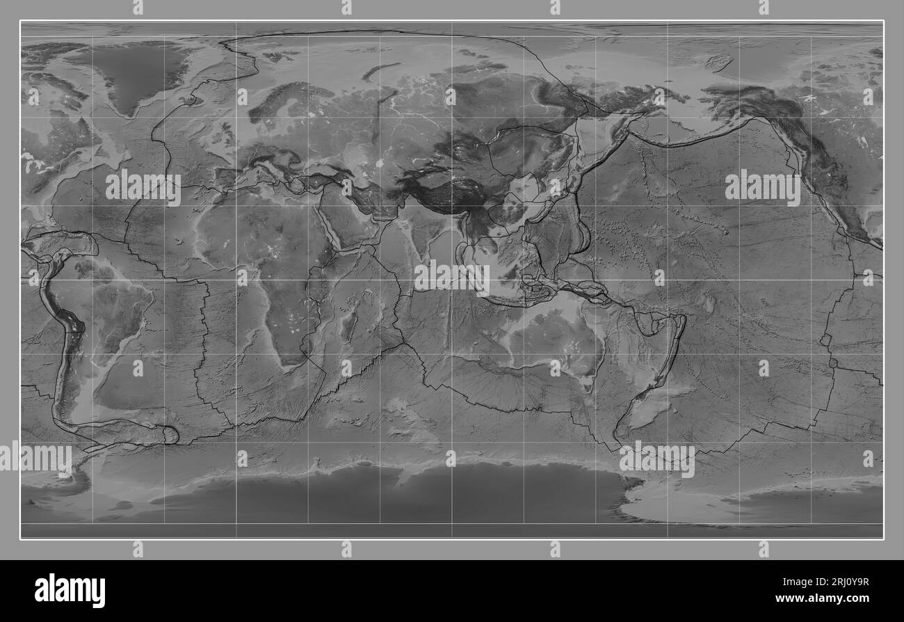 Tektonische Plattengrenzen auf einer Grauskala-Karte der Welt in der ...