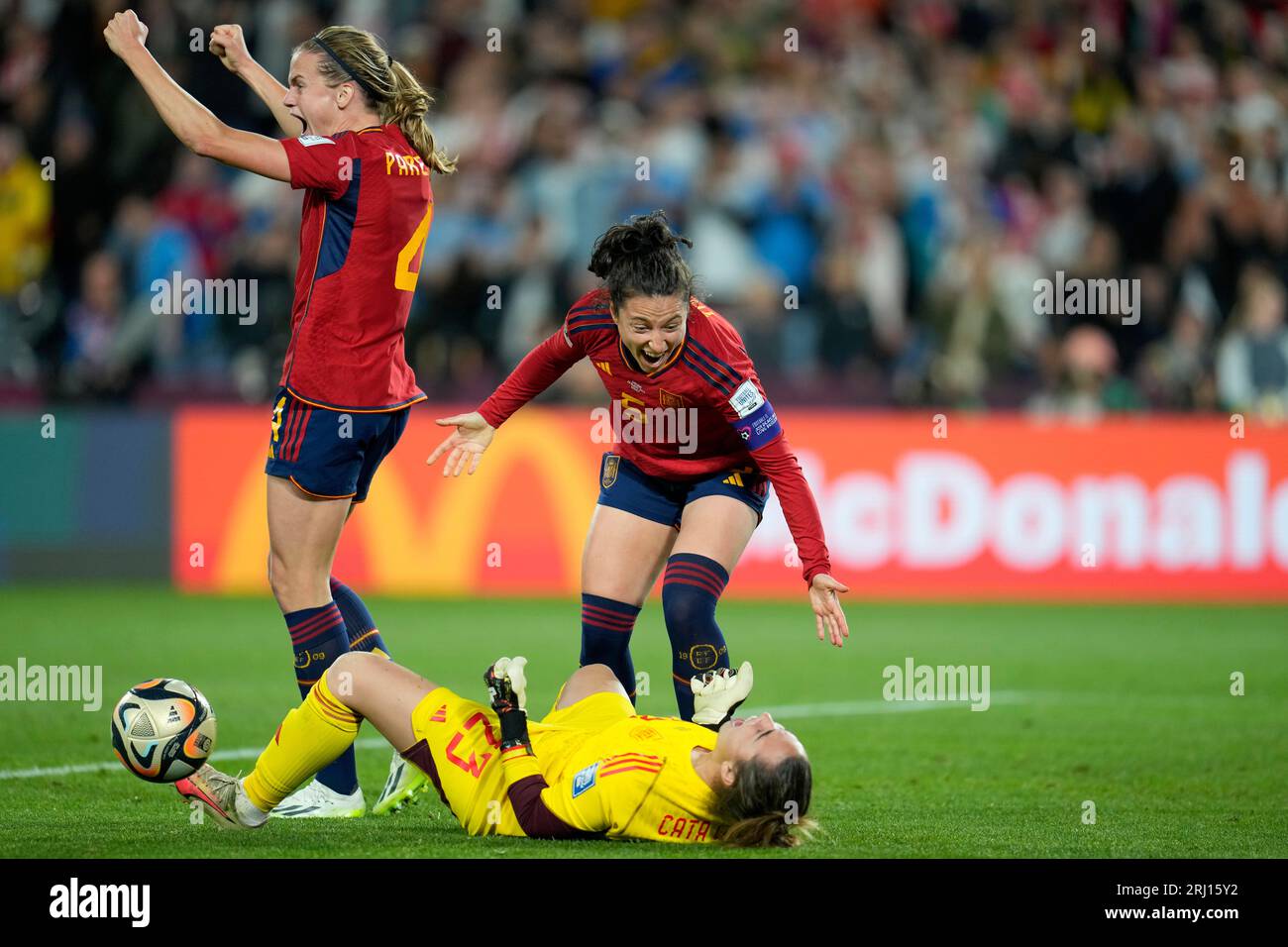 Spain's Irene Paredes, left, Ivana Andres and goalkeeper Cata Coll, on ...