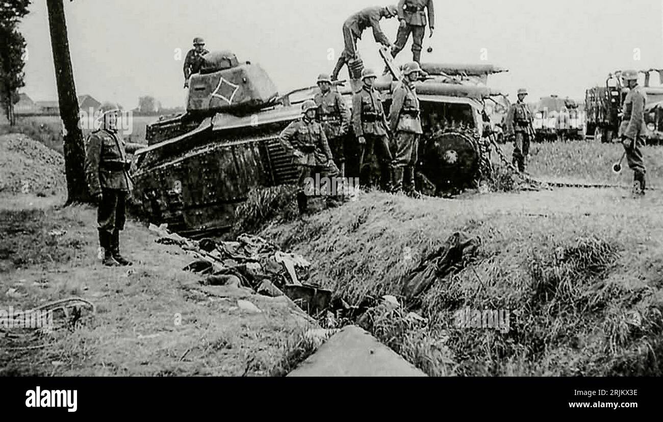 World War II - FRANCE. Tanks, B1 bis, German soldiers examining knocked ...