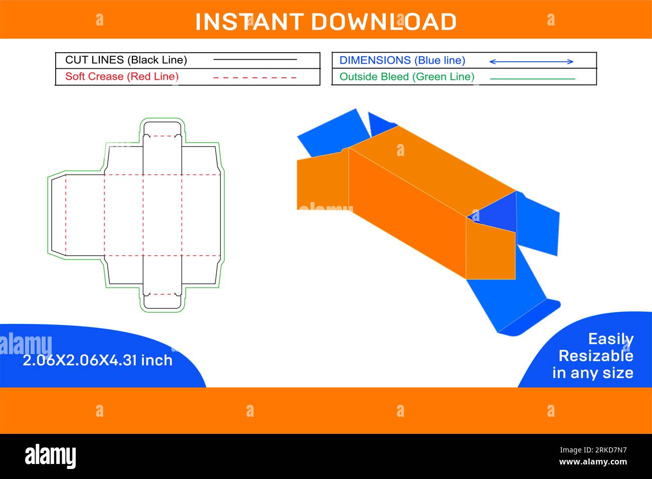 Straight tuck end folding box, Dieline template and 3D box editable easily resizeable Stock ...