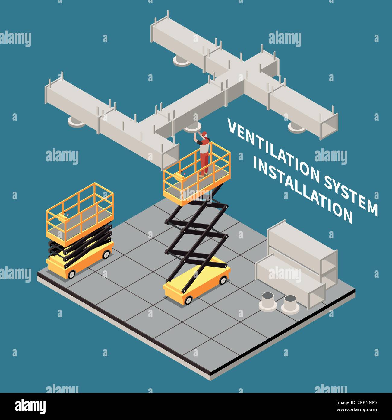 Installation of ventilation system isometric background with people ...