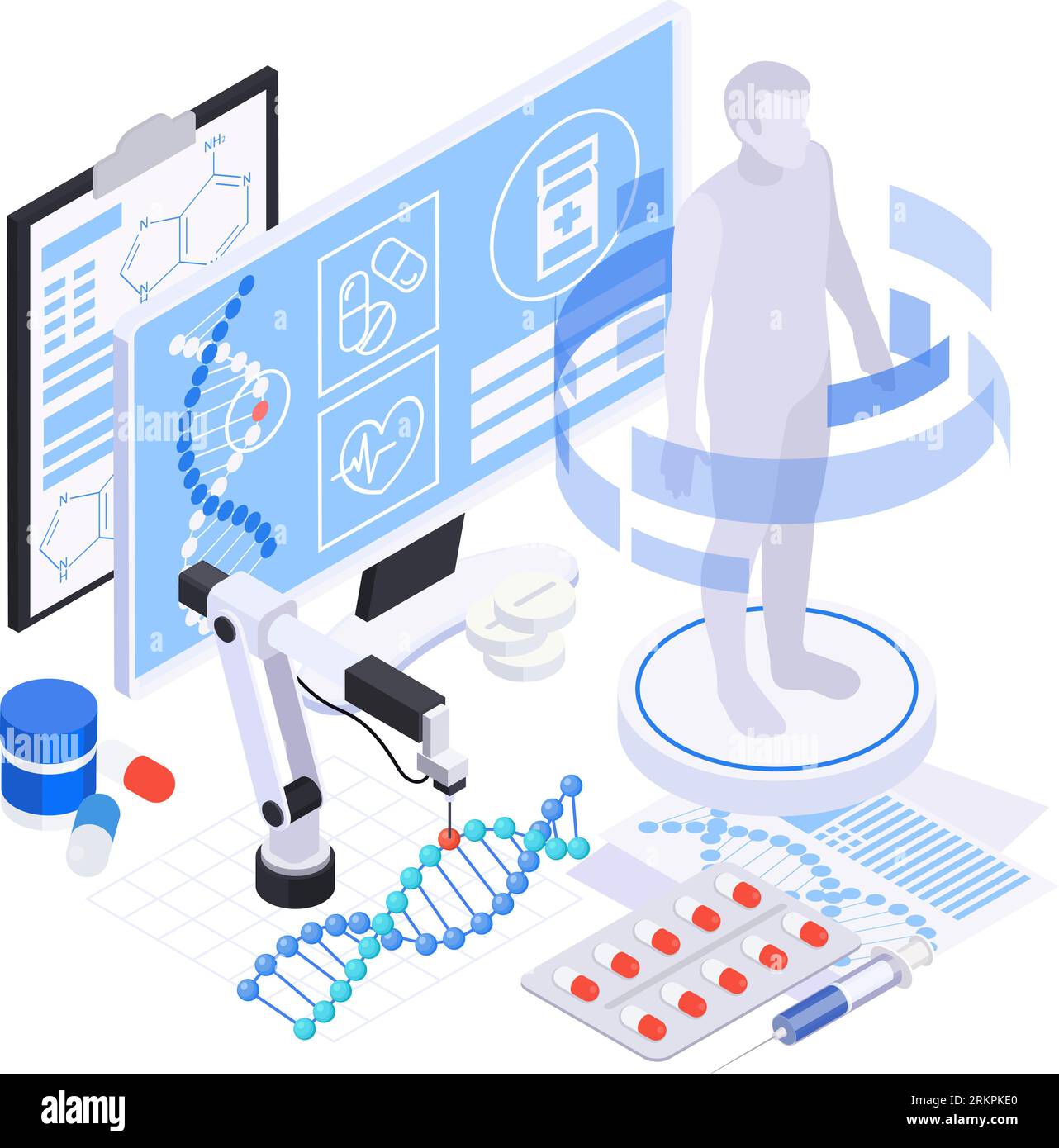 Biotechnology isometric composition with computer screens dna pills ...
