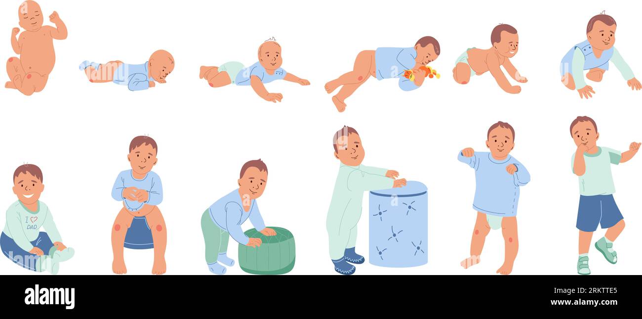 Baby development stages flat icons set of little child cartoon ...