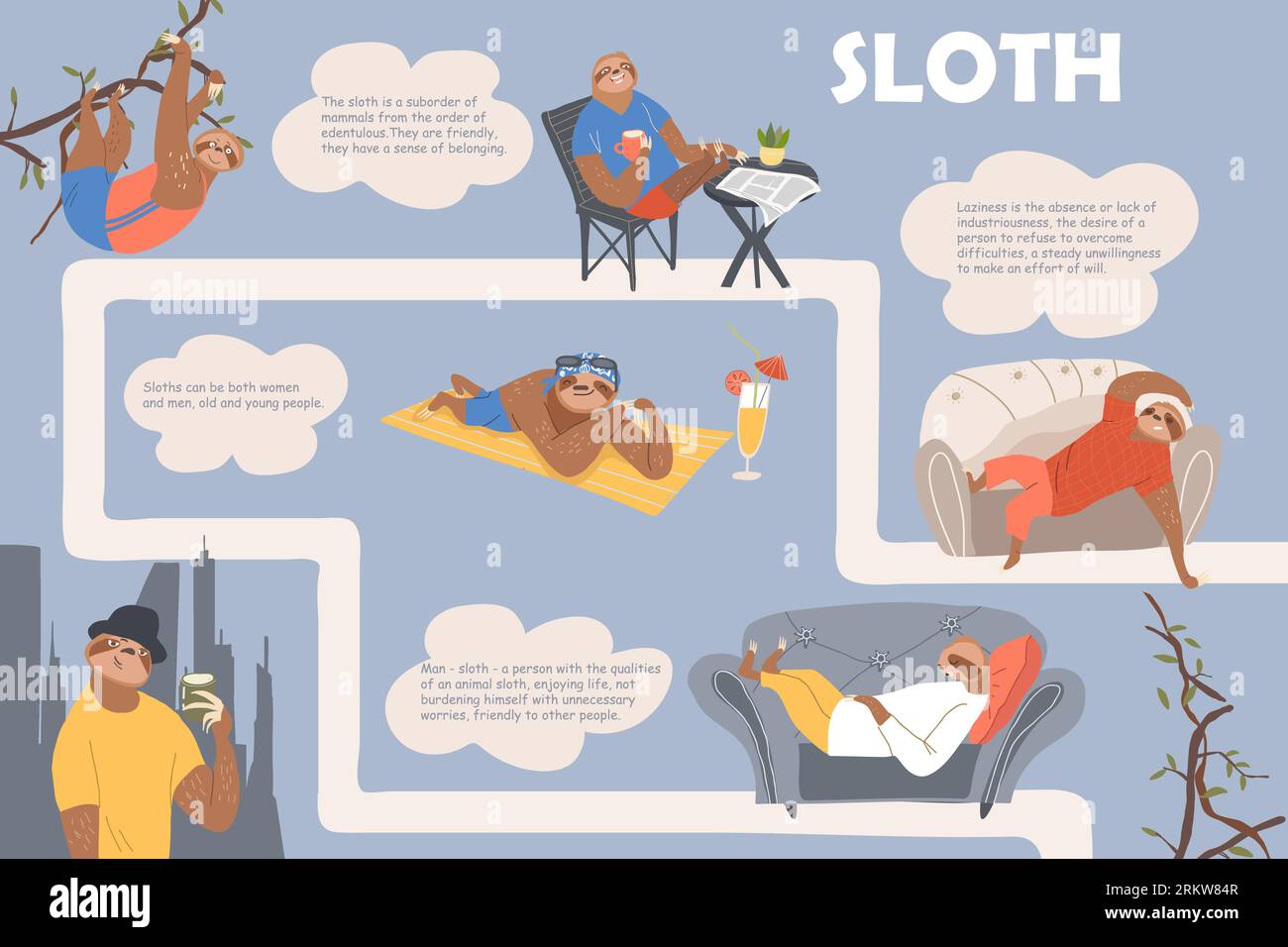 Faultier Faulheit Konzept flache Infografik Komposition mit ... Faultier Faulheit Konzept flache Infografik Komposition mit ...