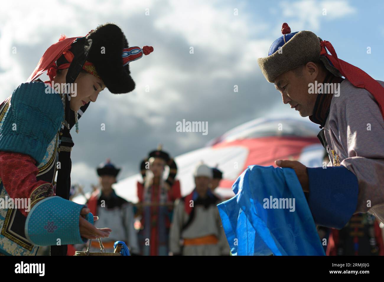 Ulaanbaatar, Tüv, Mongolei 20. August 2023. Nomaden grüßen beim World Nomadic Festival. Quelle ...
