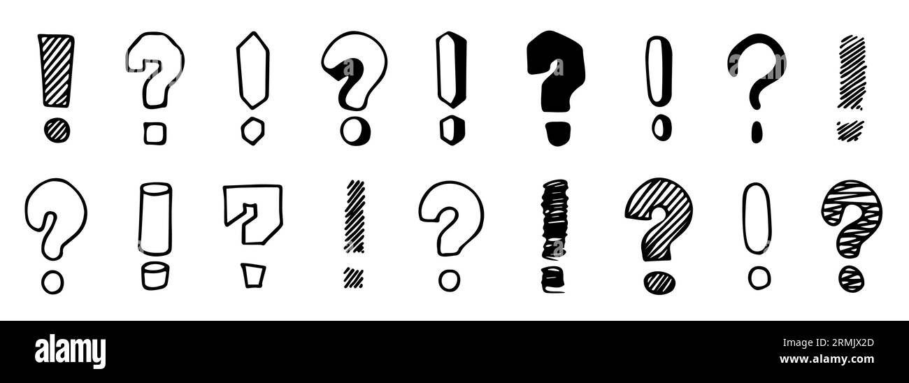 Ausrufezeichen und Fragezeichen. Konturenzeichen für Doodle-Pinsel-Stil ...
