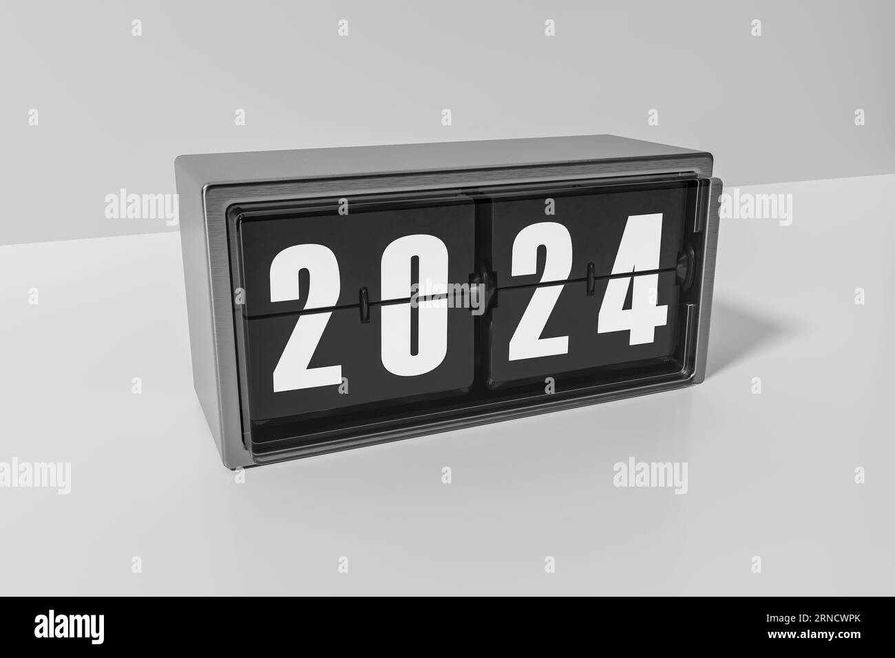 Neujahr 2024. Flip Clock 2024 New Year, Flip Black Scoreboard 2024 auf grauem Hintergrund ...