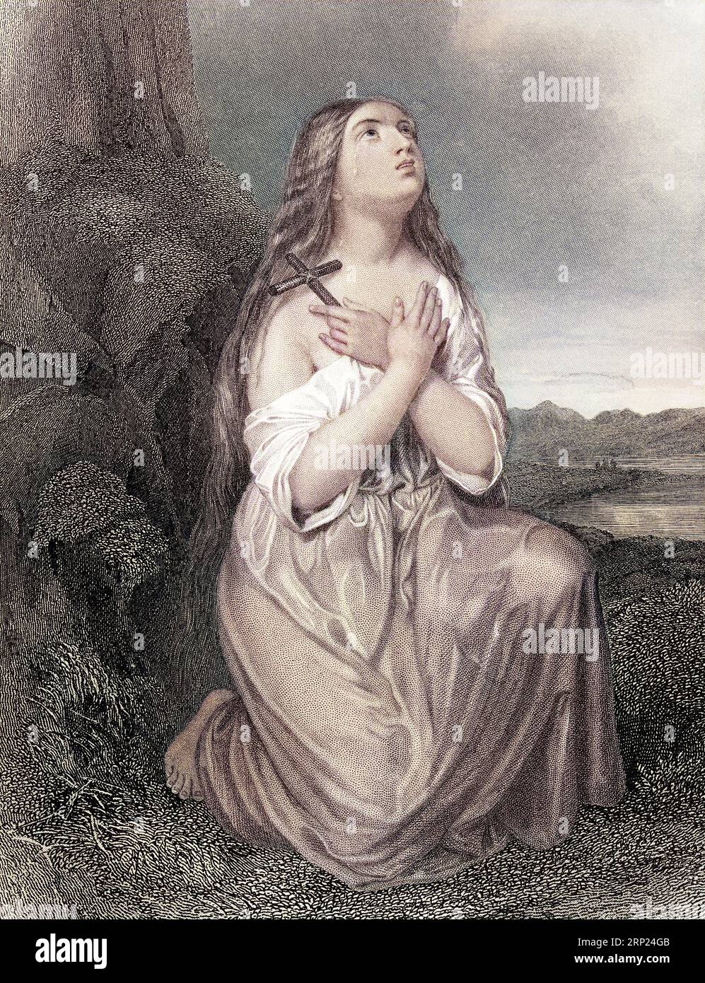 Die Heilige Maria Magdalena. Alte eingravierte farbige Illustration aus dem 19. Jahrhundert von ...