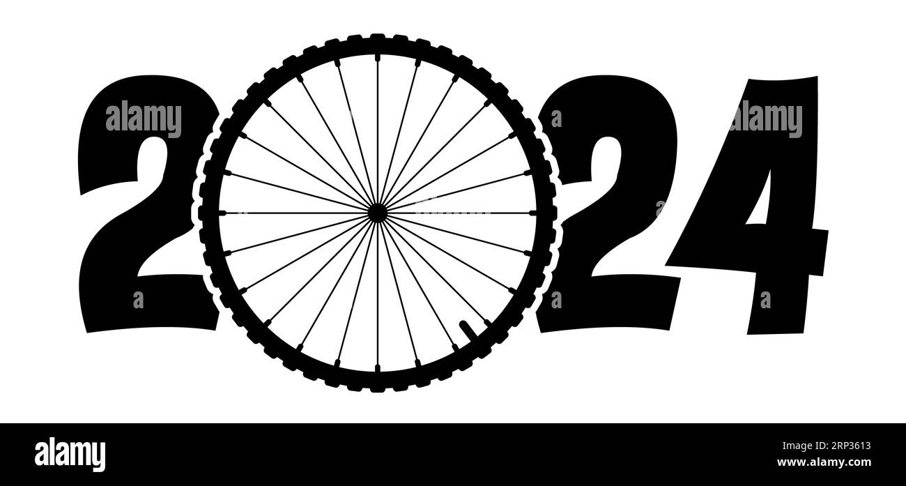 Frohes neues Jahr 2024. Linienmuster der Cartoon-Radräder. Sport-Symbol ...