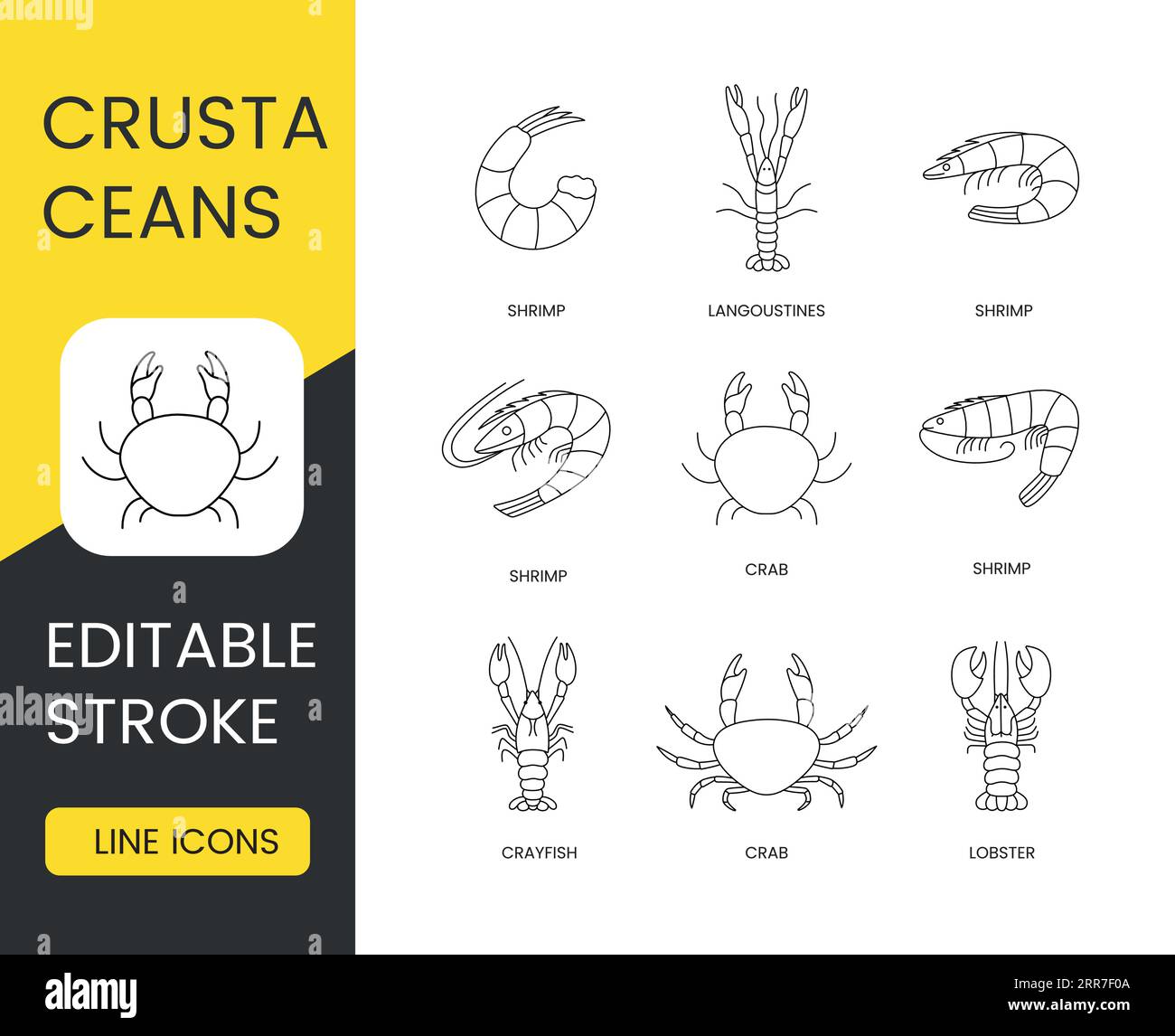 Krustentiere setzen Liniensymbole in Vektor, Fisch bearbeitbarer Schlaganfall. Hummer und ...