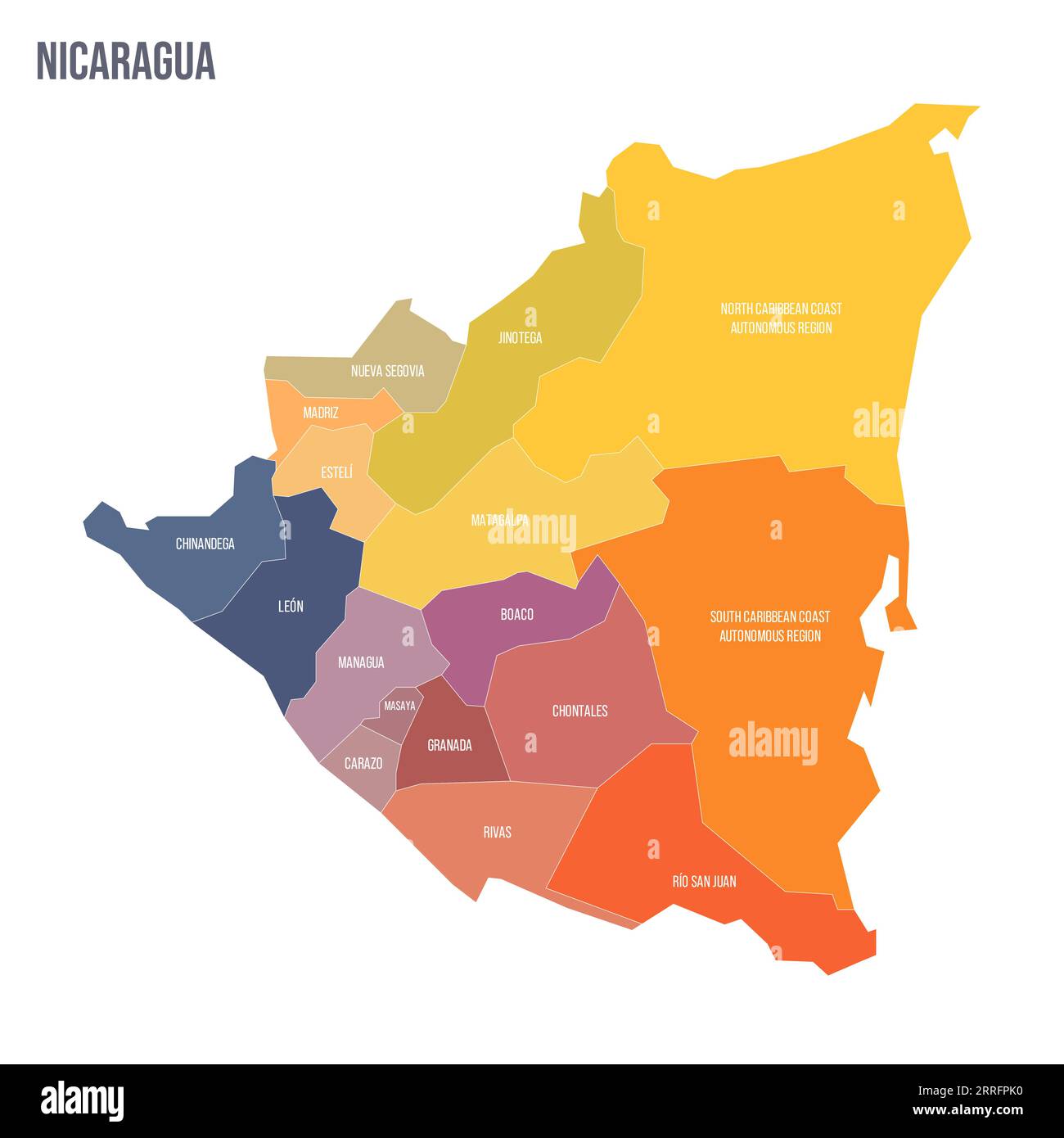 Nicaragua politische Karte der Verwaltungsbereiche - Departements und autonome Regionen. Bunte ...