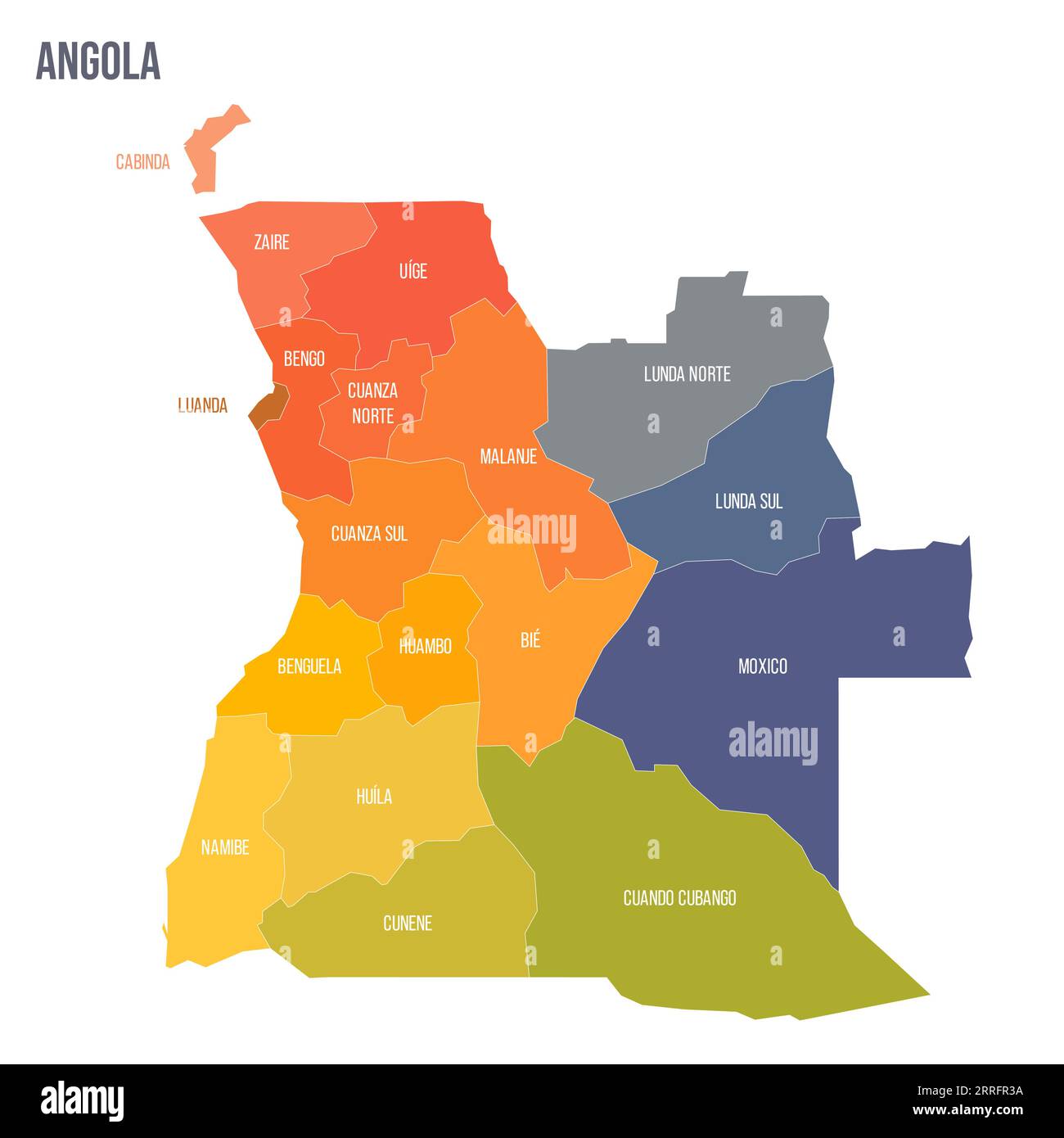 Angola politische Karte der Verwaltungseinheiten - Provinzen. Bunte Spektrumkarte mit Etiketten ...