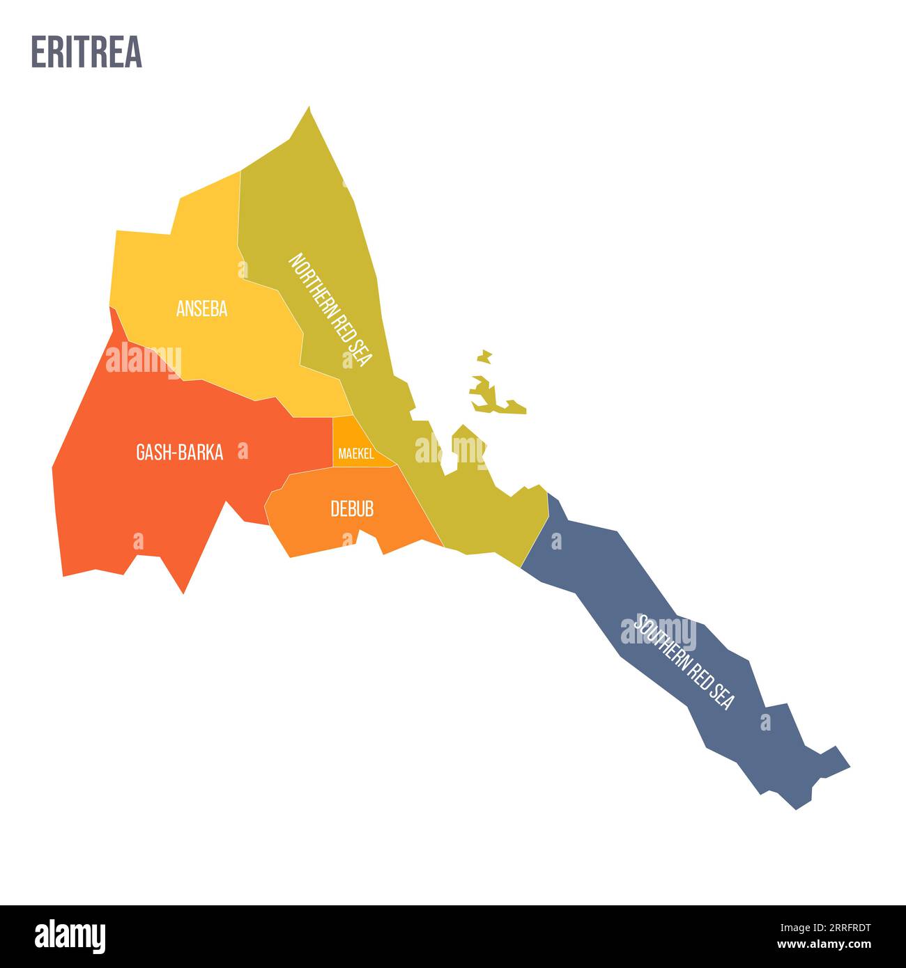 Eritrea politische Karte der Verwaltungsbereiche - Regionen. Bunte Spektrumkarte mit Etiketten ...
