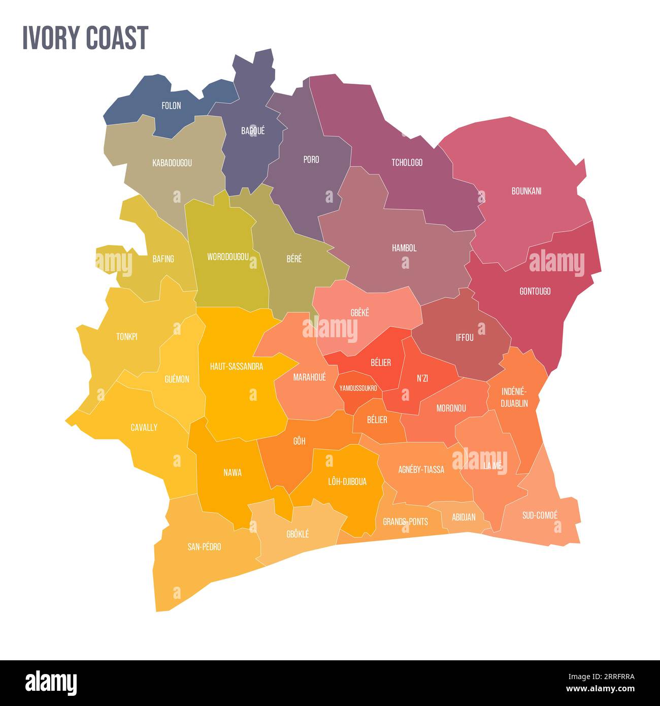 Politische Karte der Verwaltungsbezirke der Elfenbeinküste - Regionen ...