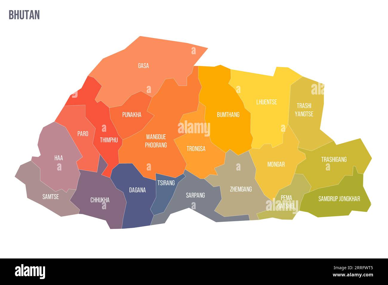 Bhutan politische Karte der Verwaltungsbezirke. Bunte Spektrumkarte mit ...