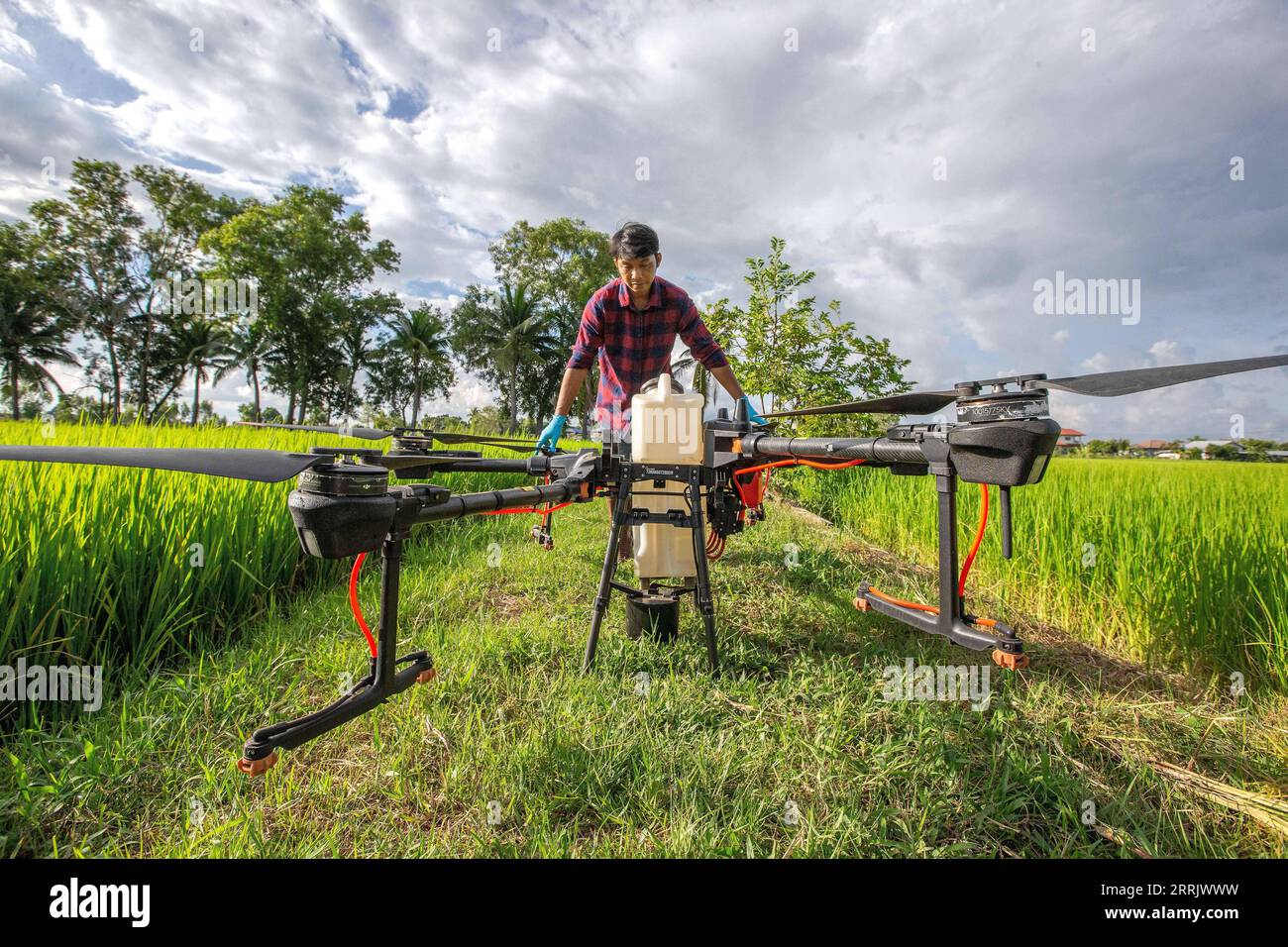 220811 ROI ET 11. August 2022 Ein thailandischer Landwirt uberpruft am 1. August 2022 eine DJI Drohne in ROI et Thailand. In diesem sudostasiatischen Land fliegen in China hergestellte landwirtschaftl...