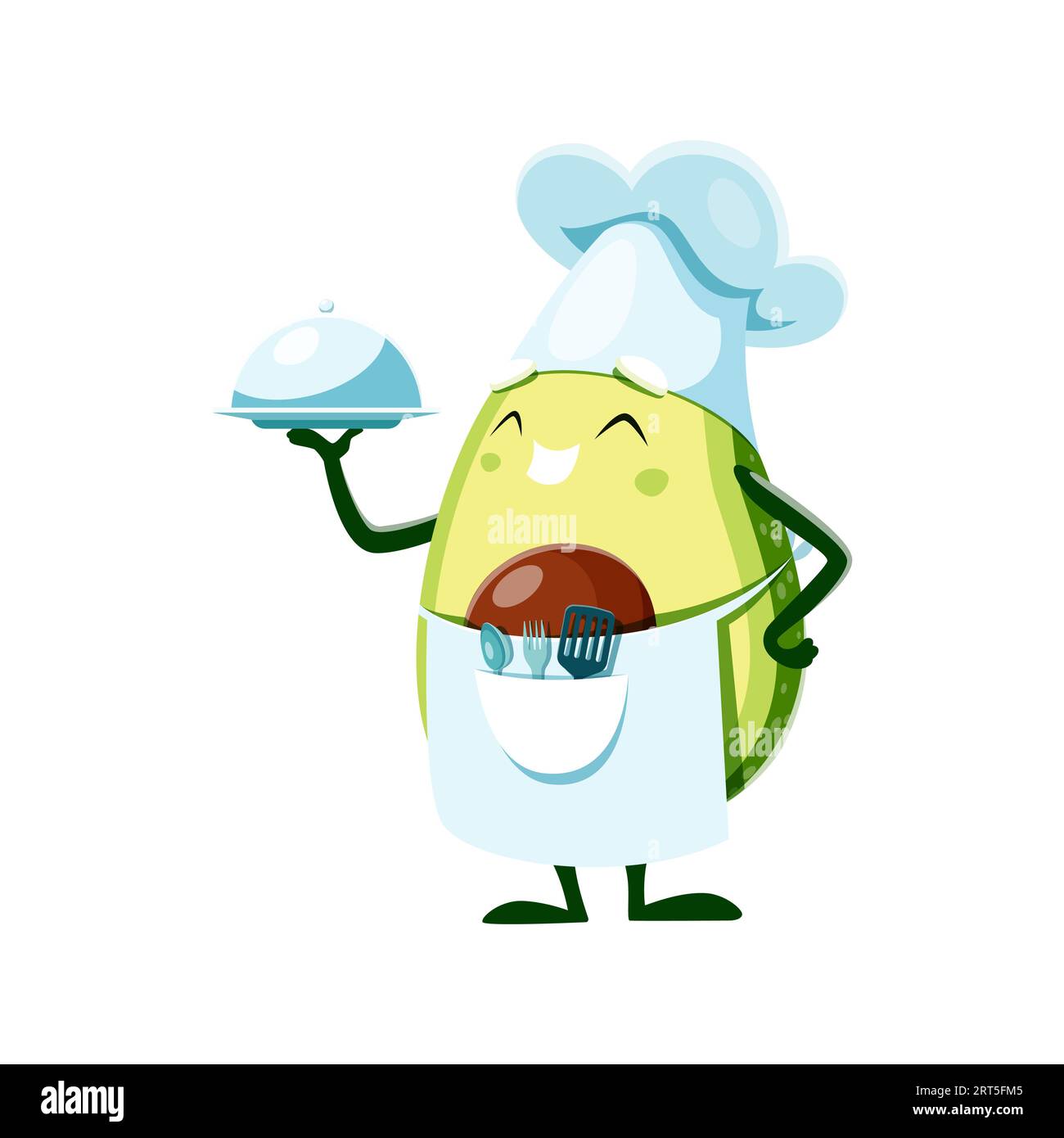 Comic-Avocado-Cheffigur mit Tablett, bereit für köstliche Mahlzeiten ...