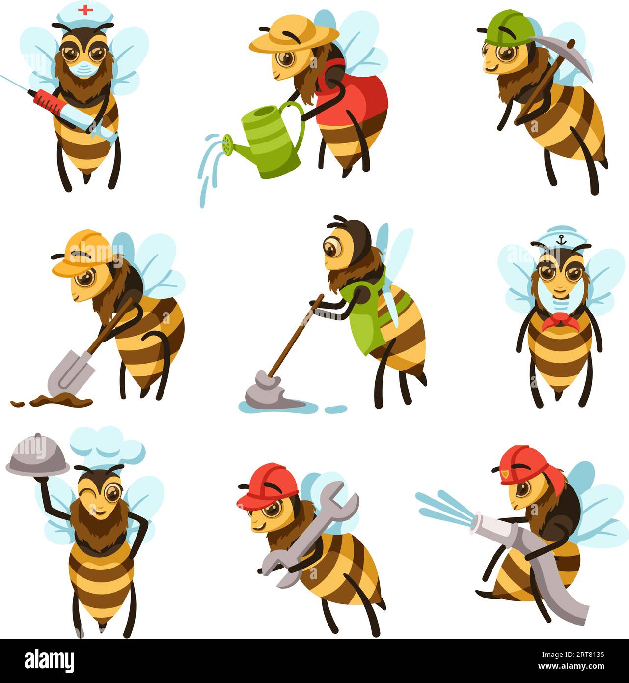 Zeichentrickbienenarbeiter. Niedliche Bienen verschiedener Berufe, fleißige Arbeiter und Profis ...