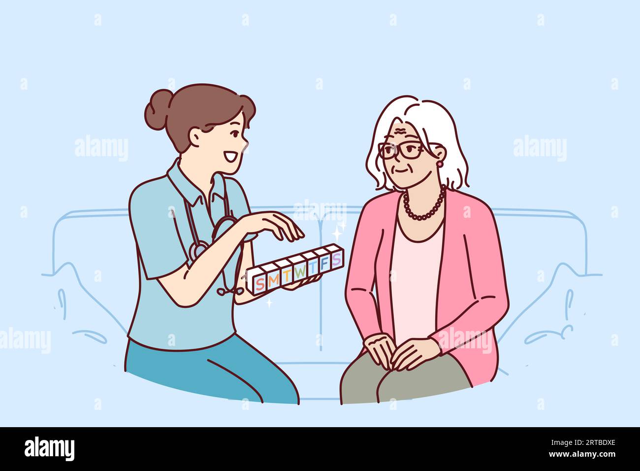 Der Arzt verschreibt älteren weiblichen Patienten Medikamente und hält Pillen mit Smtwtfs ...